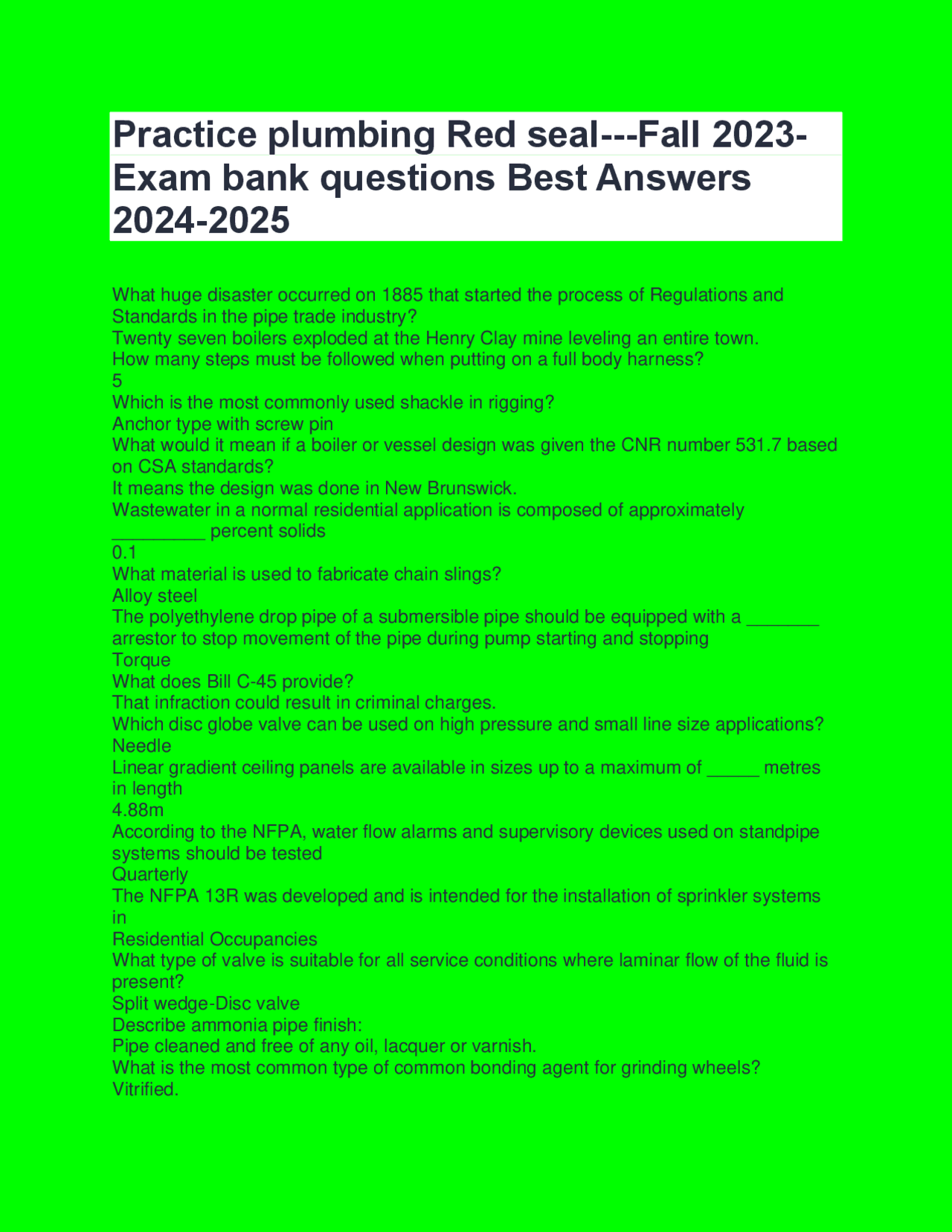 Practice plumbing Red seal---Fall 2023- Exam bank questions Best ...