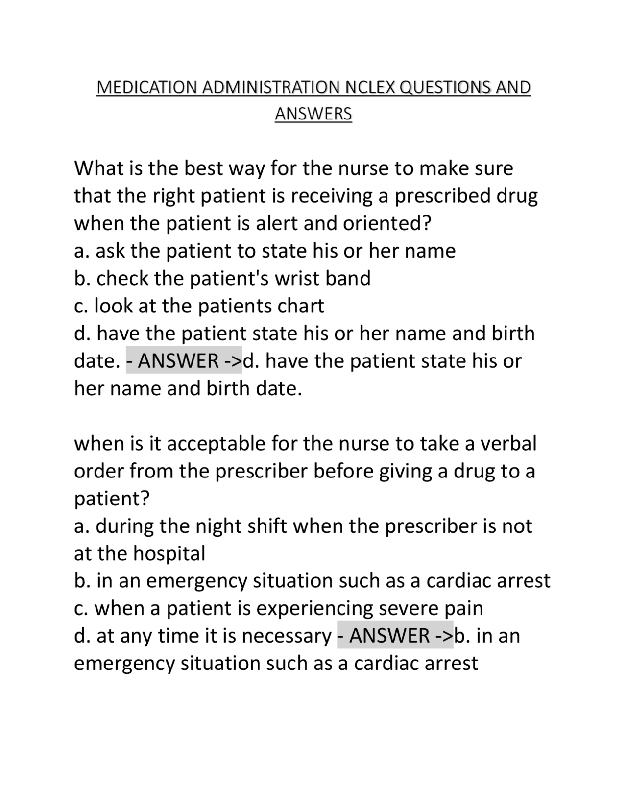 MEDICATION ADMINISTRATION NCLEX QUESTIONS AND ANSWERS | Exams Nursing ...