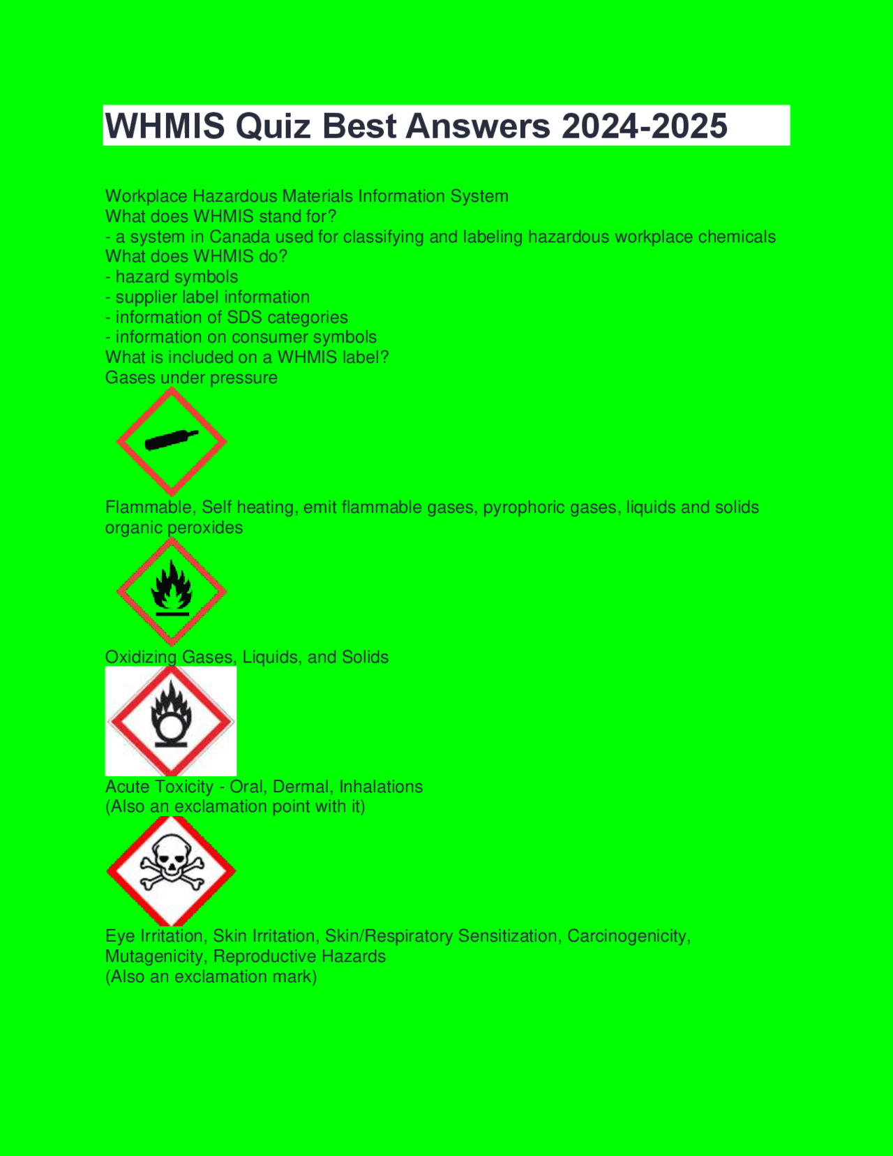 WHMIS Quiz Best Answers 2024-2025 | Exams Physics | Docsity