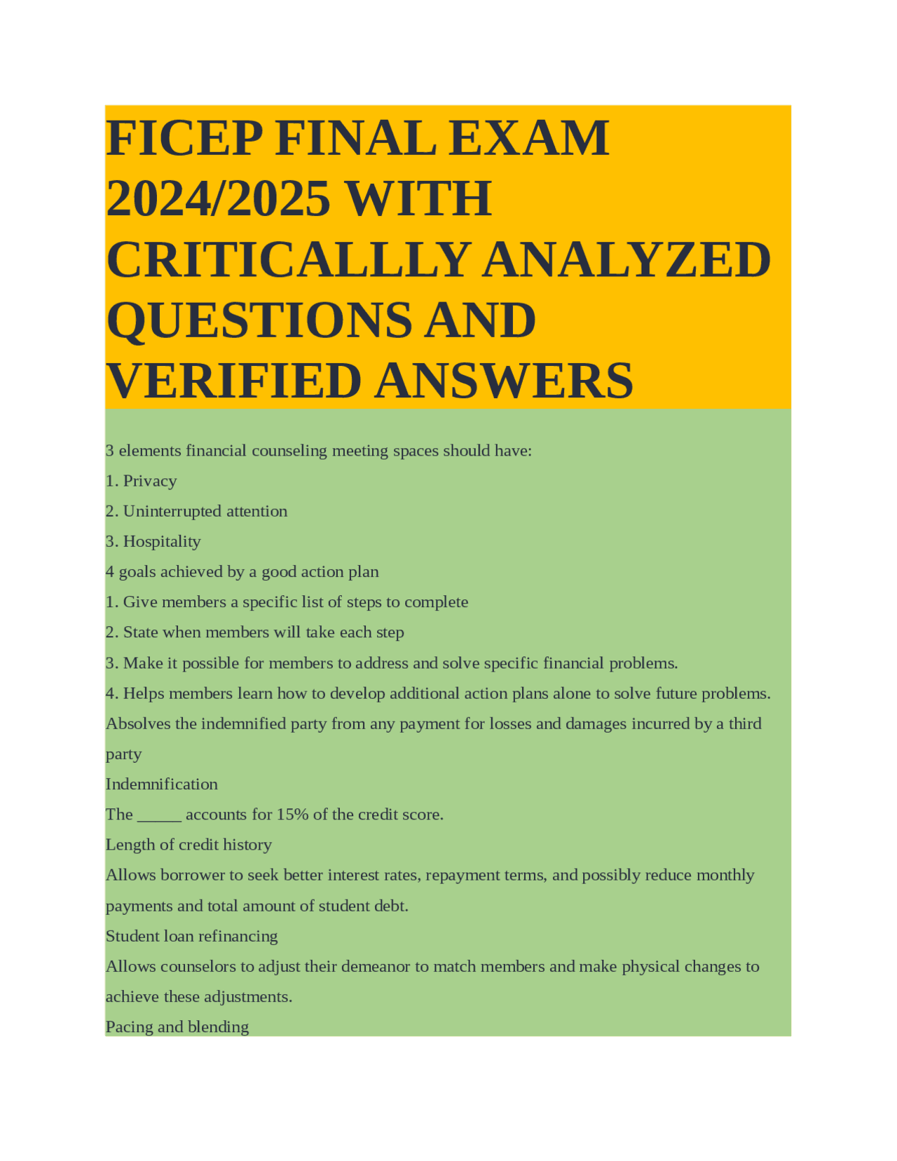 FiCEP Final: CUNA Review With Well Responded Answers 2024/2025 | Exams Finance | Docsity