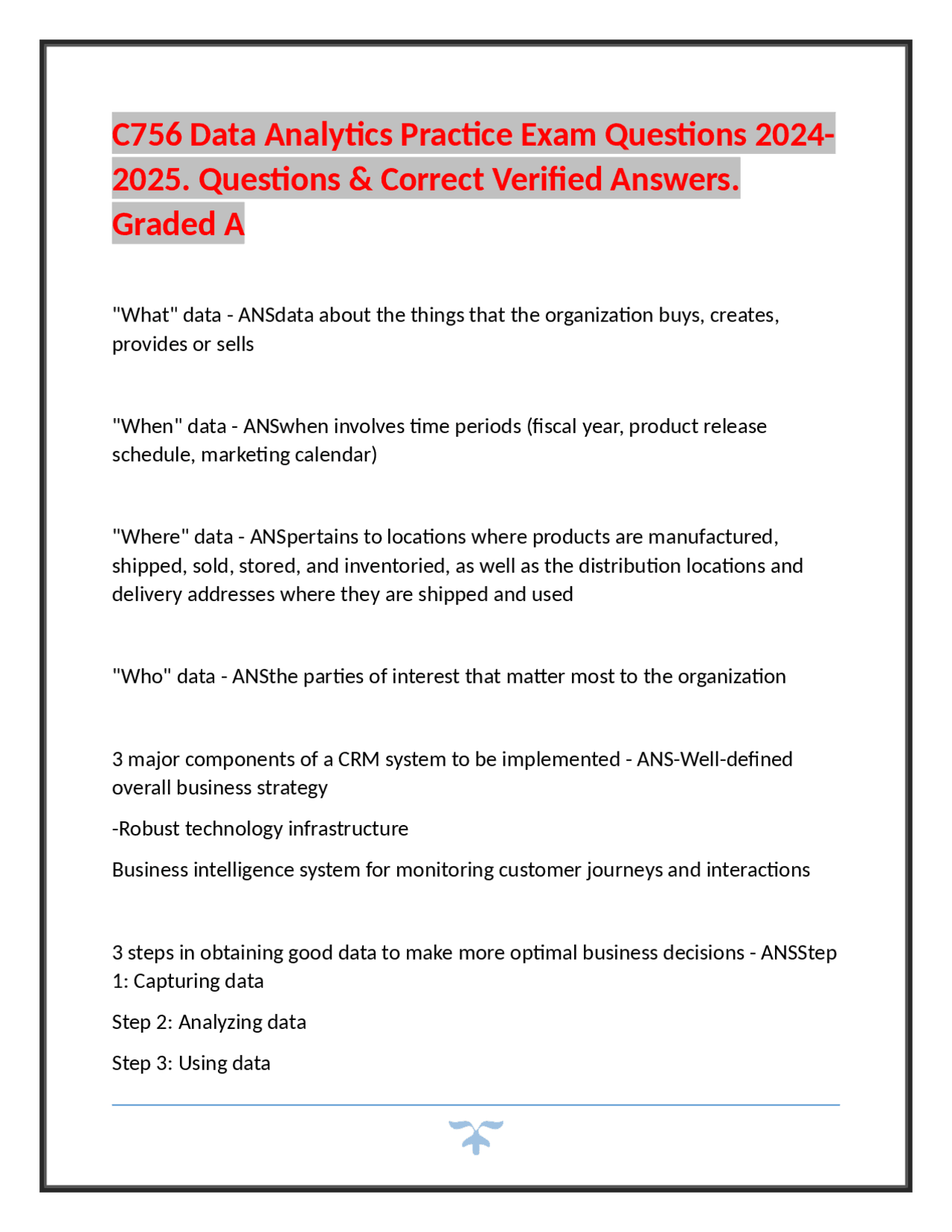 C756 Data Analytics Practice Exam Questions 2024-2025. Questions & Correct Verified Answer ...