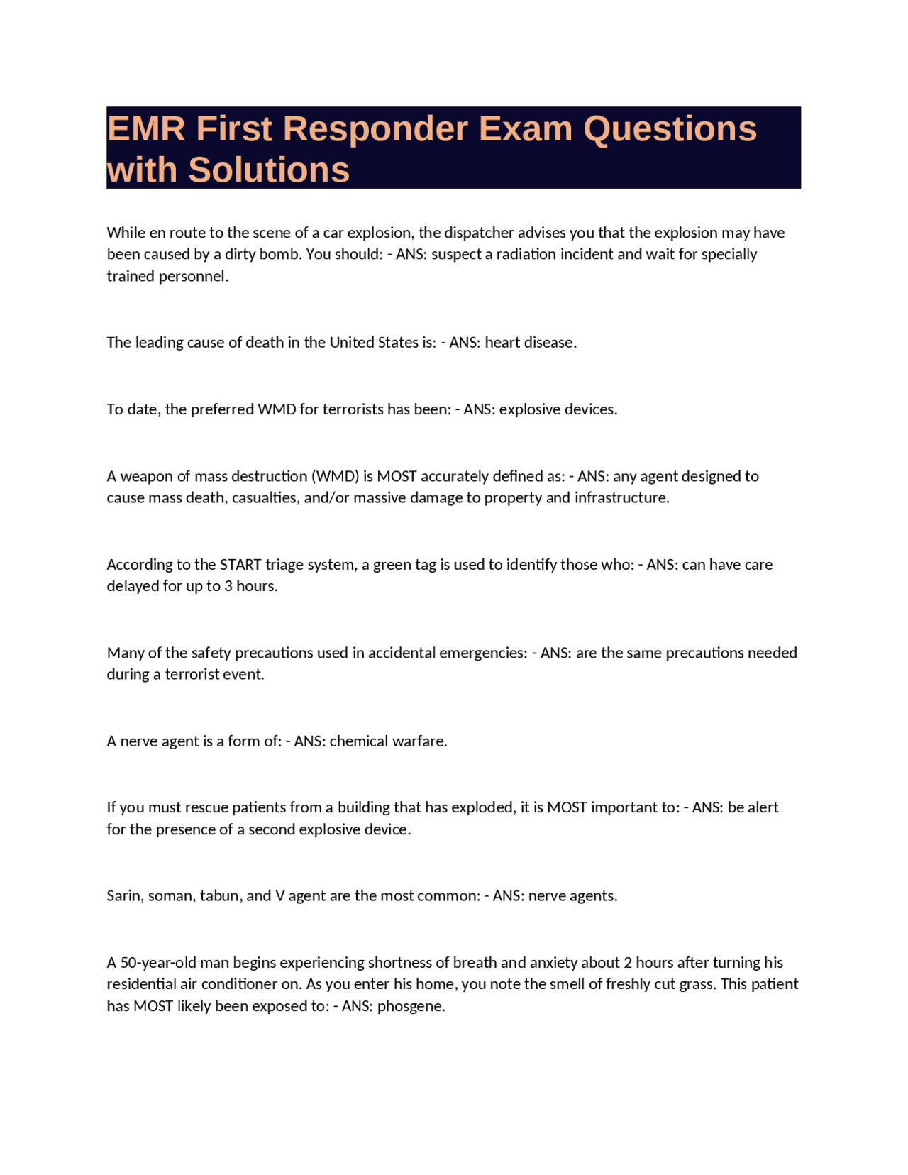 EMR First Responder Exam Questions with Solutions | Exams Nursing | Docsity