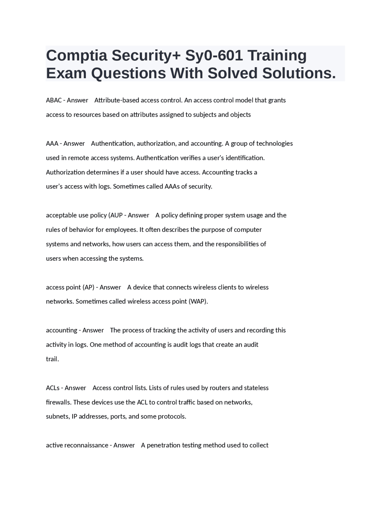 Comptia Security+ Sy0-601 Training Exam Questions With Solved Solutions. | Exams Computer ...