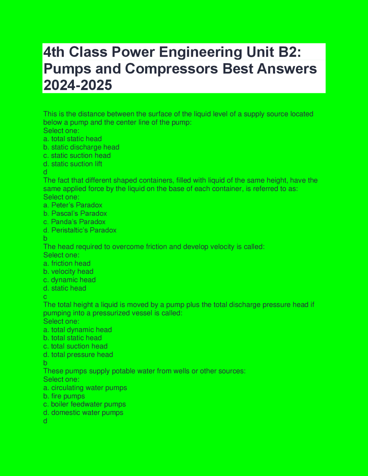 4th Class Power Engineering Unit B2: Pumps and Compressors Best Answers ...