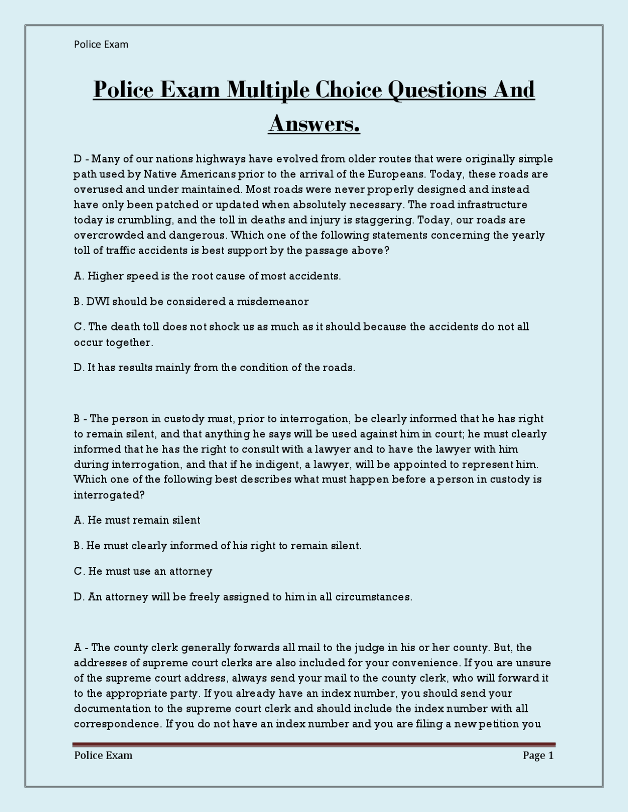 Police Exam Multiple Choice Questions And Answers. | Exams Advanced ...
