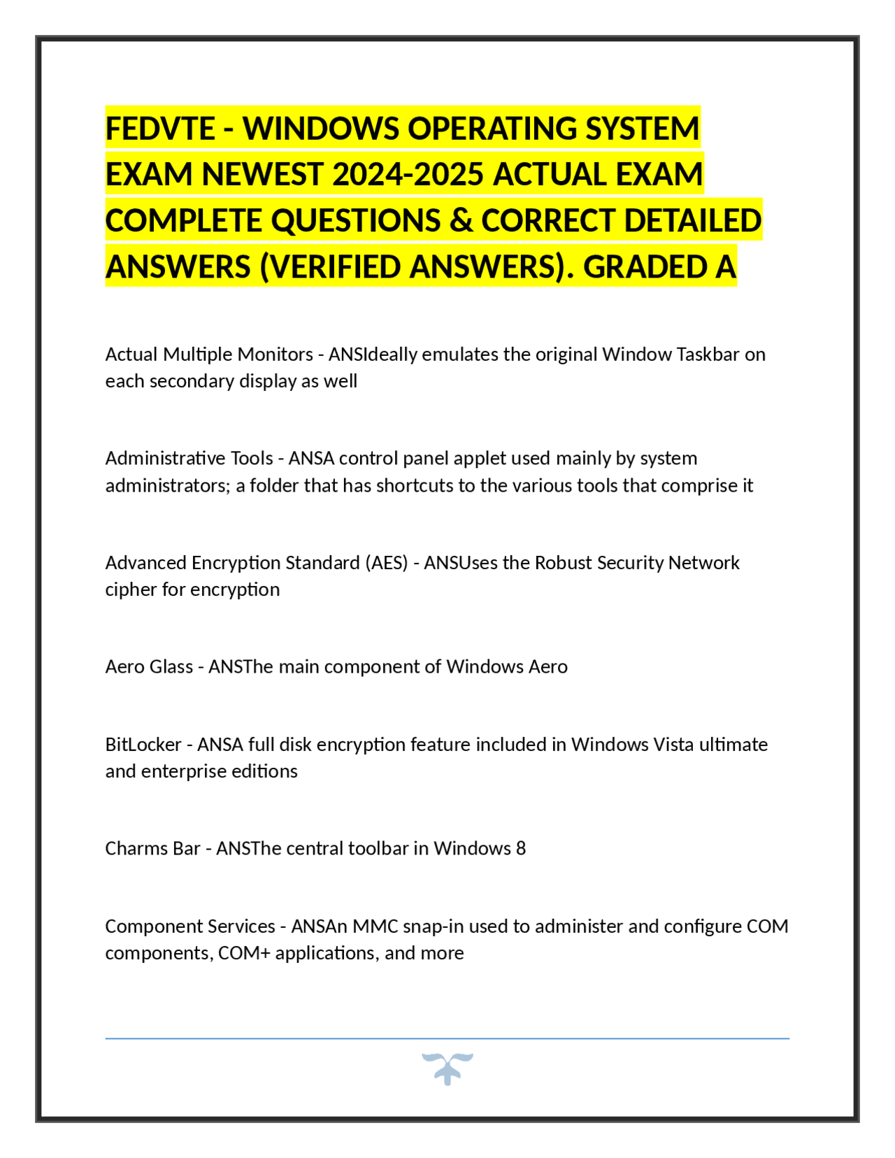 FEDVTE - WINDOWS OPERATING SYSTEM EXAM NEWEST 2024-2025 ACTUAL EXAM COMPLETE QUIZS & ANS | Exams ...