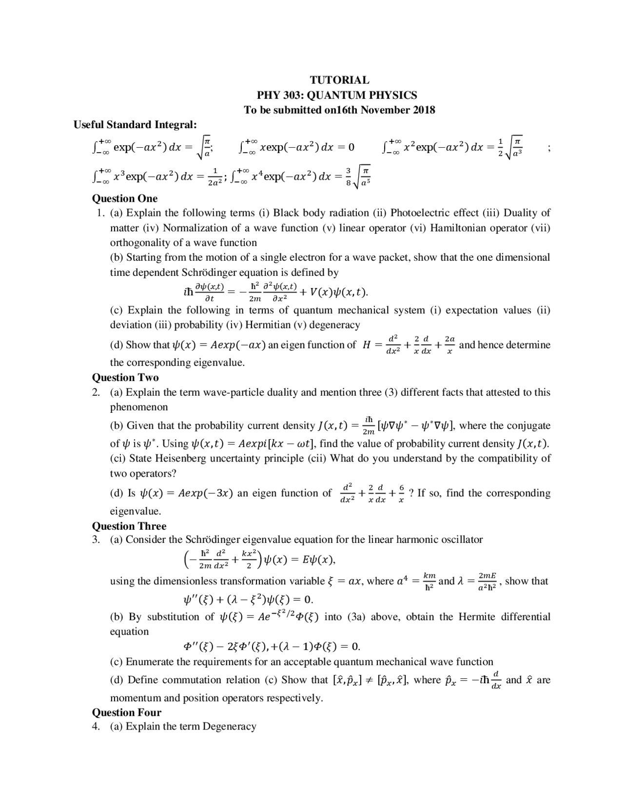 Quantum Mechanics Tutorial Questions | Exercises Quantum Mechanics | Docsity