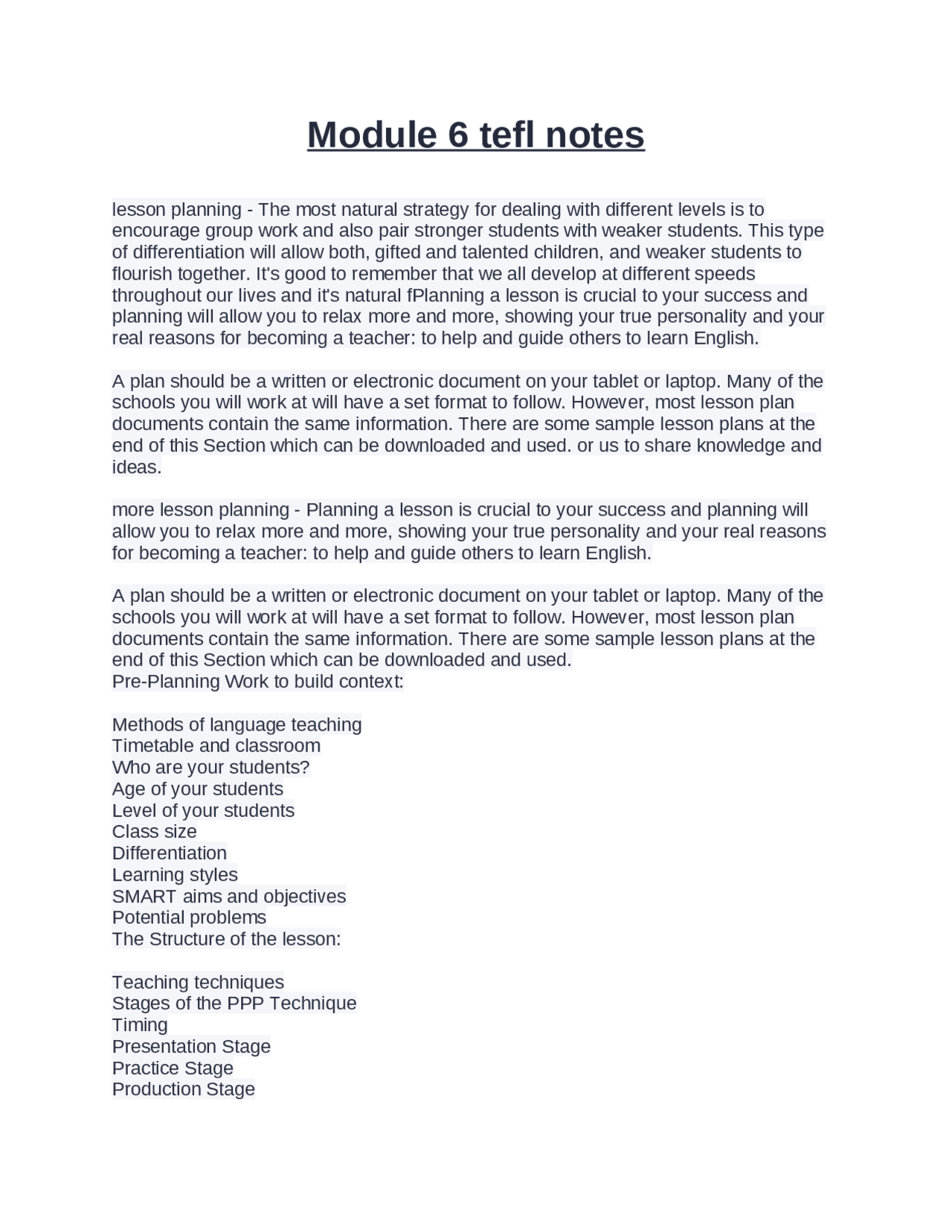 Module 6 tefl notes study guide | Exams Advanced Education | Docsity