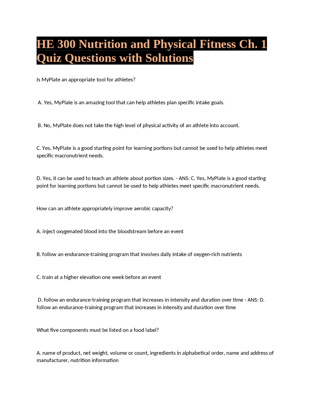 HE 300 Nutrition and Physical Fitness Ch. 1 Quiz Questions with ...