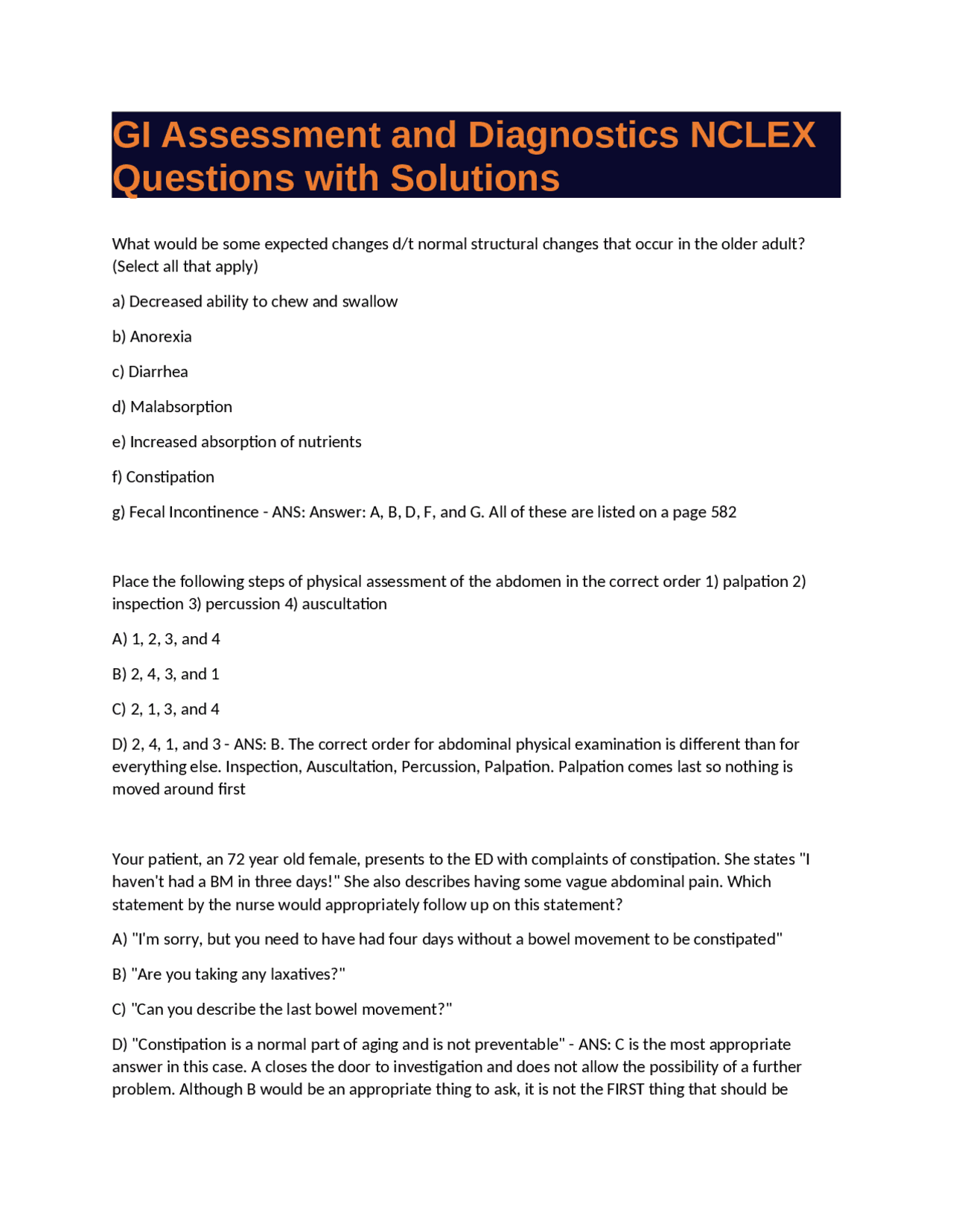 GI Assessment and Diagnostics NCLEX Questions with Solutions | Exams ...
