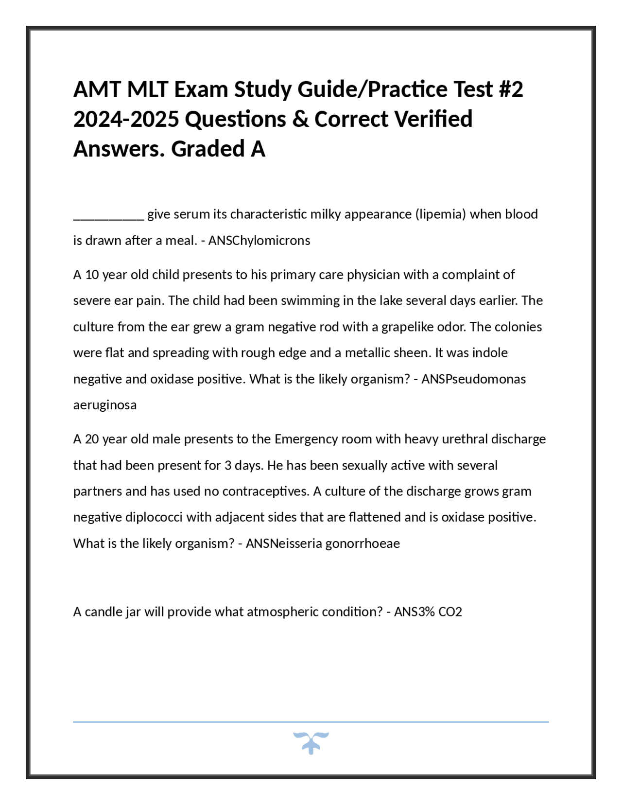 AMT MLT Exam Study Guide/Practice Test #2 2024-2025 Questions & Correct ...