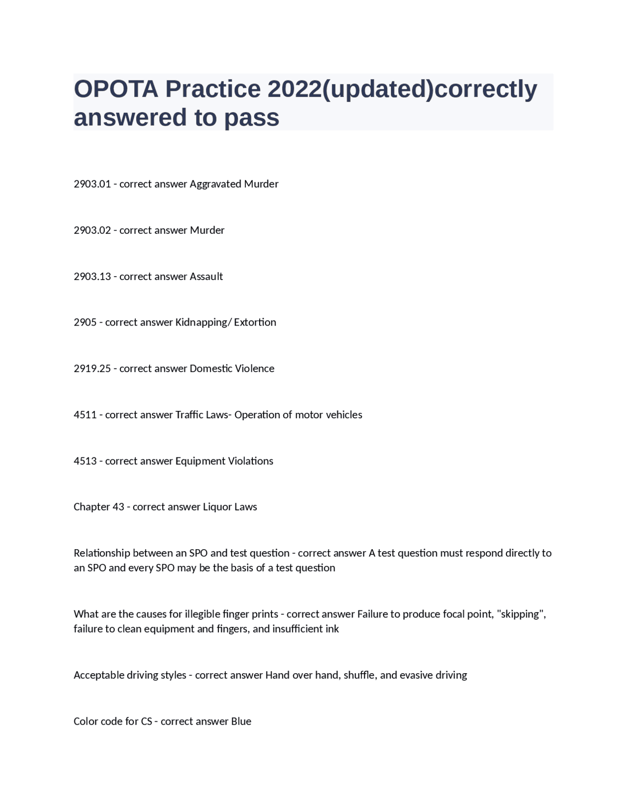 OPOTA Practice 2022(updated)correctly answered to pass.docx | Exams ...