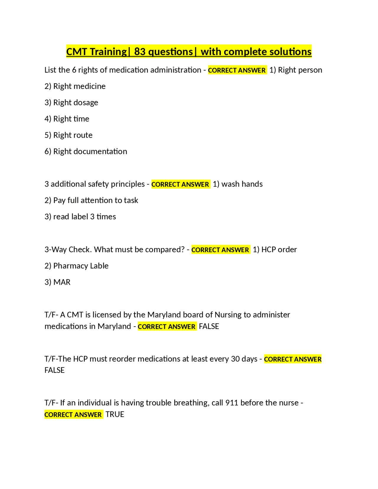 CMT Training| 83 questions| with complete solutions | Exams Nursing ...