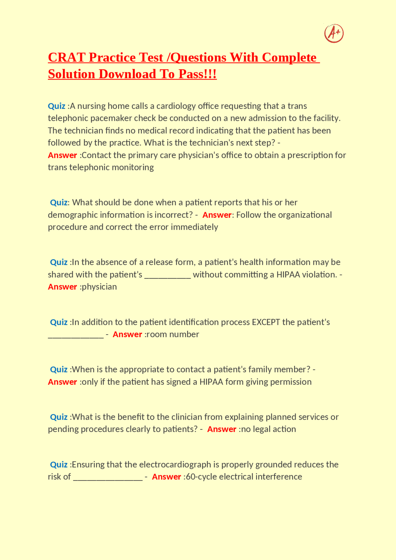 CRAT Practice Test /Questions With Complete Solution Download To Pass ...