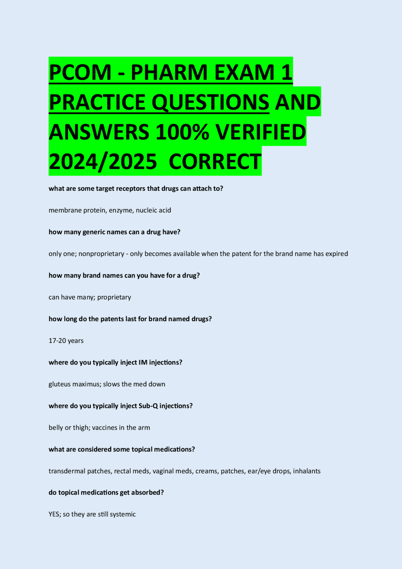 PCOM - PHARM EXAM 1 PRACTICE QUESTIONS AND ANSWERS 100% VERIFIED 2024/2025 CORRECT | Exams ...