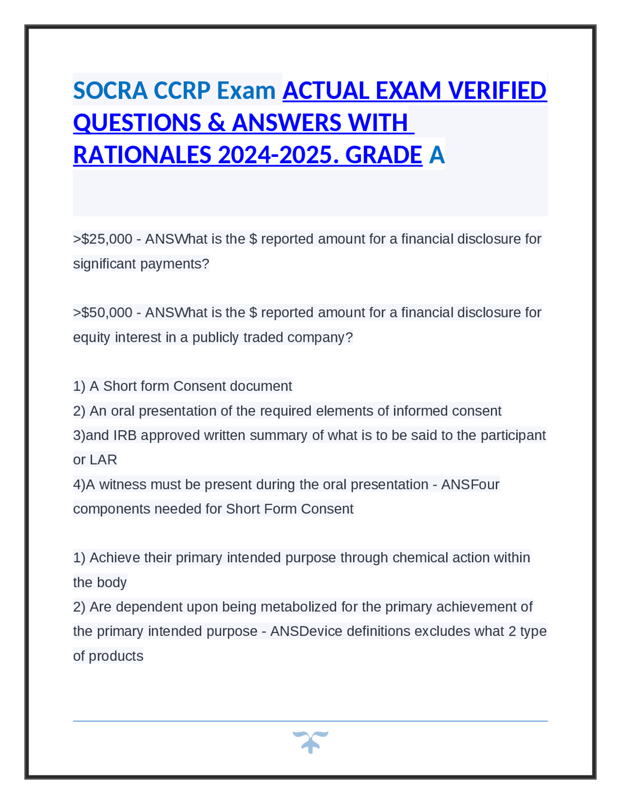 SOCRA CCRP Exam ACTUAL EXAM VERIFIED QUESTIONS & ANSWERS WITH ...