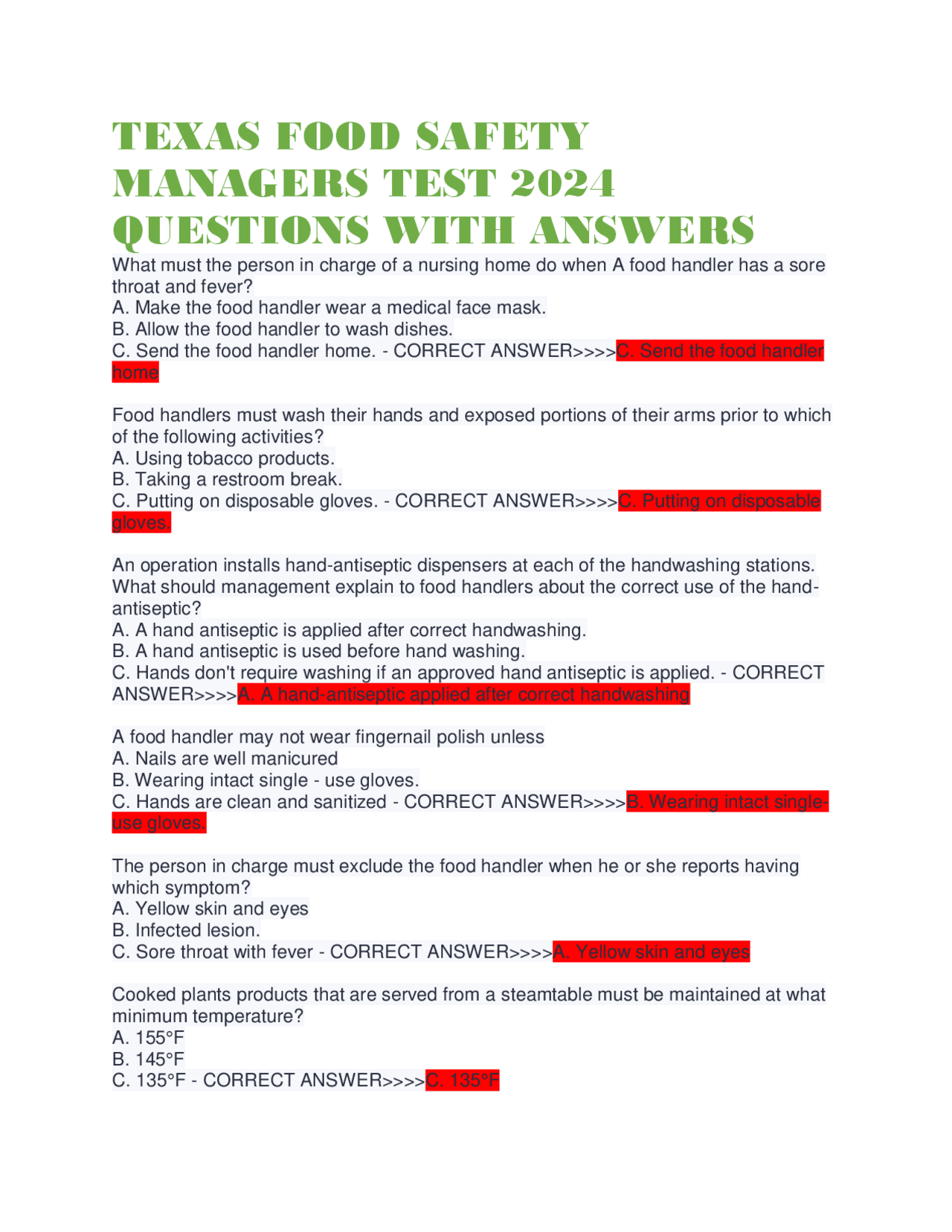 TEXAS FOOD SAFETY MANAGERS TEST 2024 QUESTIONS WITH ANSWERS | Exams ...