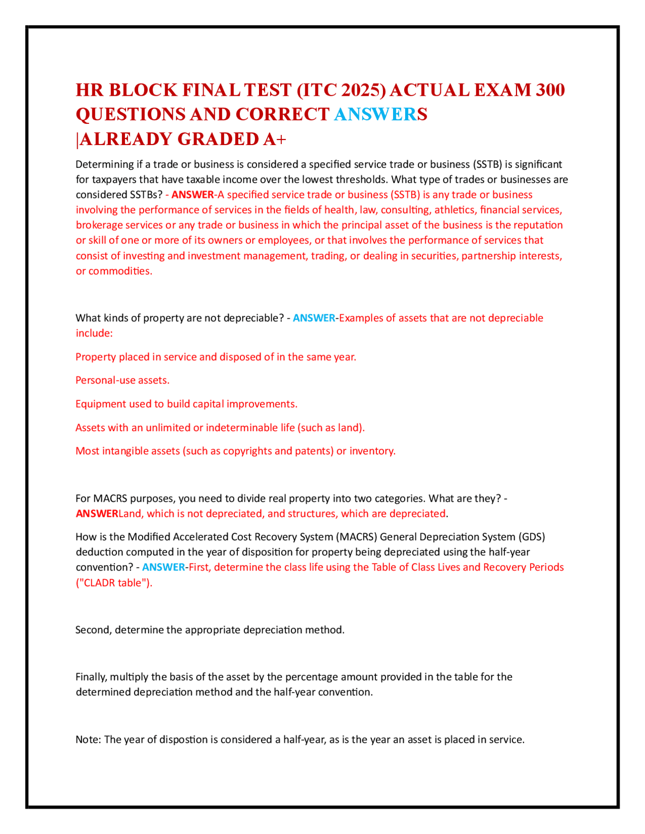 HR BLOCK FINAL TEST (ITC 2025) ACTUAL EXAM 300 QUESTIONS AND CORRECT ...