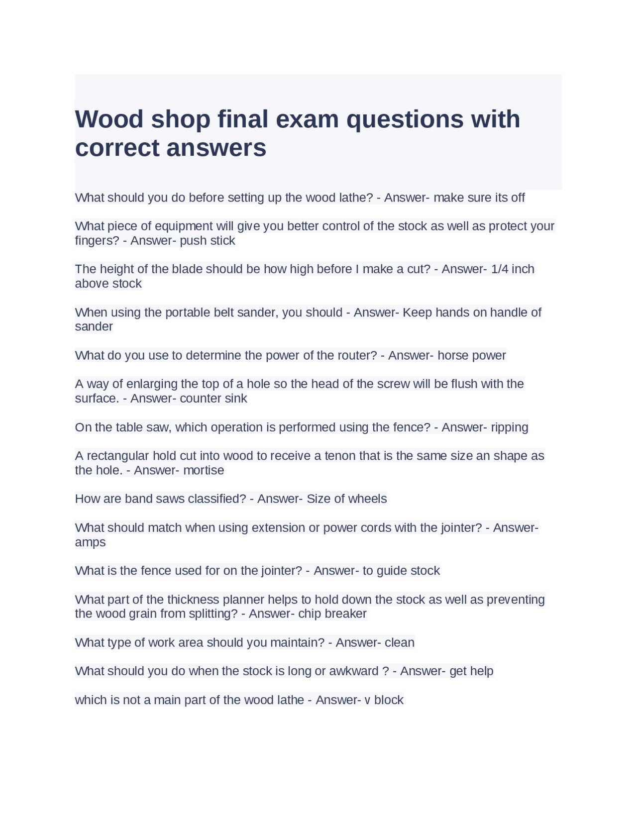 Wood shop final exam questions with correct answers | Exams Advanced ...