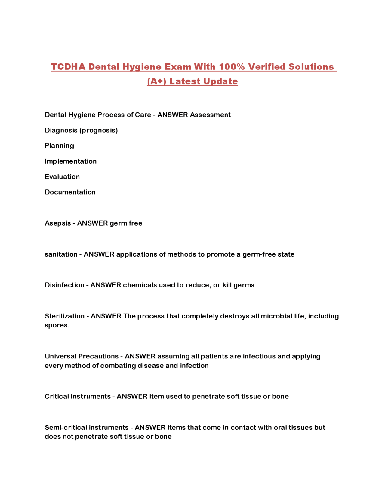 TCDHA Dental Hygiene Exam With 100% Verified Solutions | Exams Nursing ...