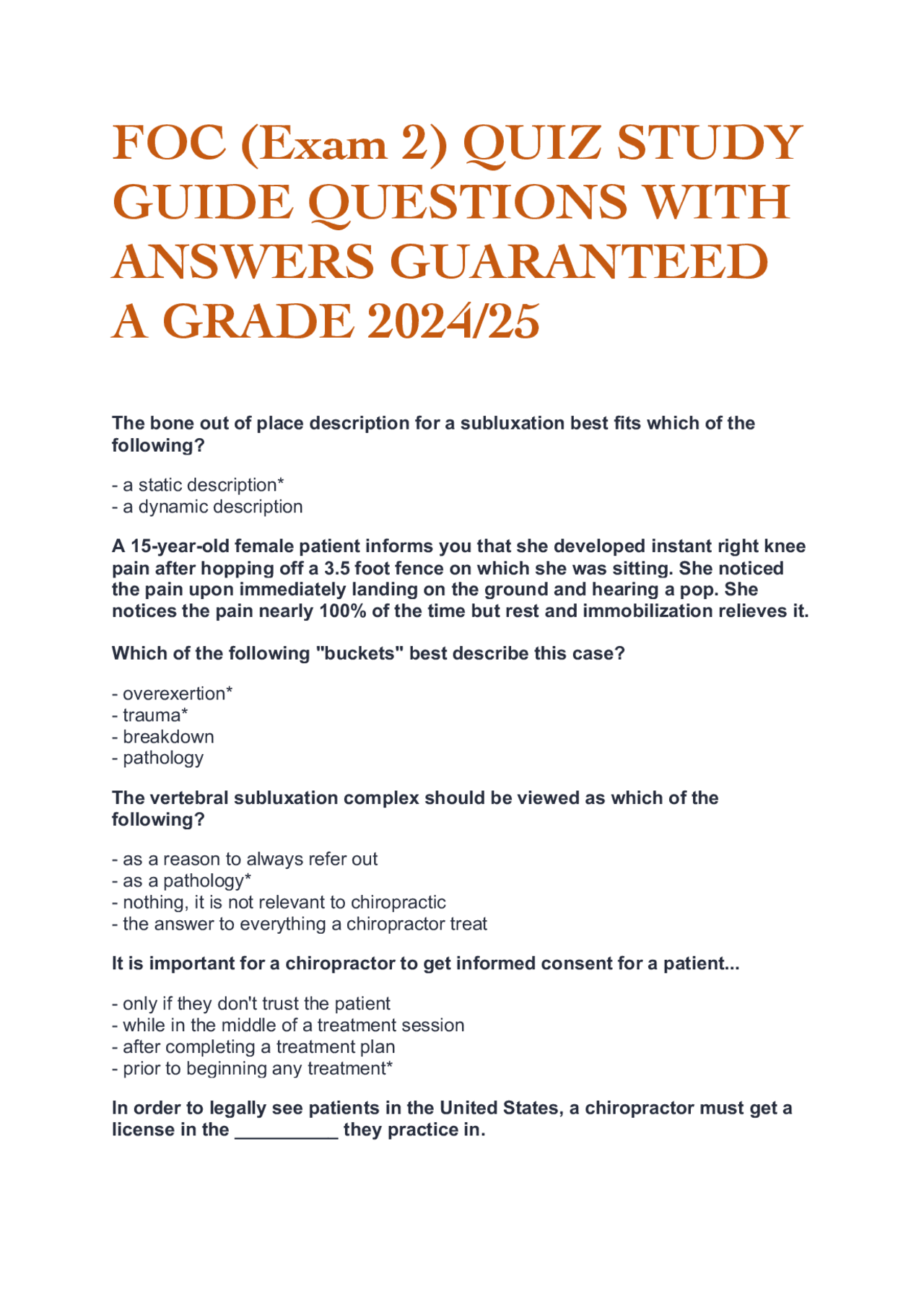 Chiropractic Exam 2 Study Guide: FOC Quiz Questions and Answers | Exams ...