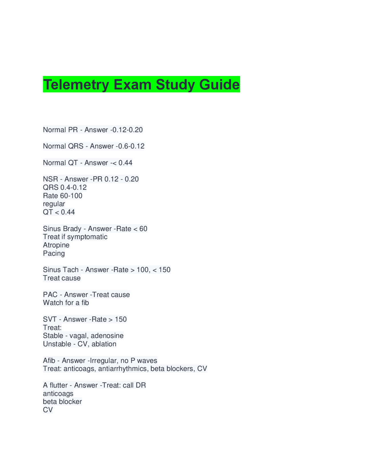 Telemetry Exam Study Guide with complete solutions | Exams Advanced ...