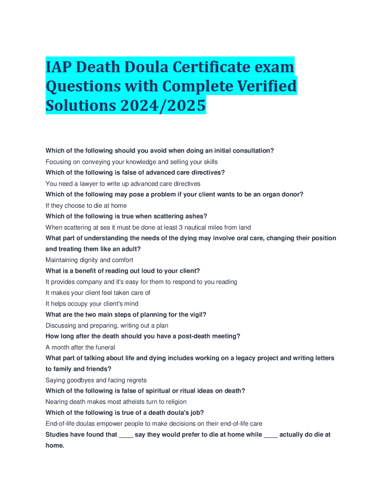IAP Death Doula Certificate exam Questions with Complete Verified ...
