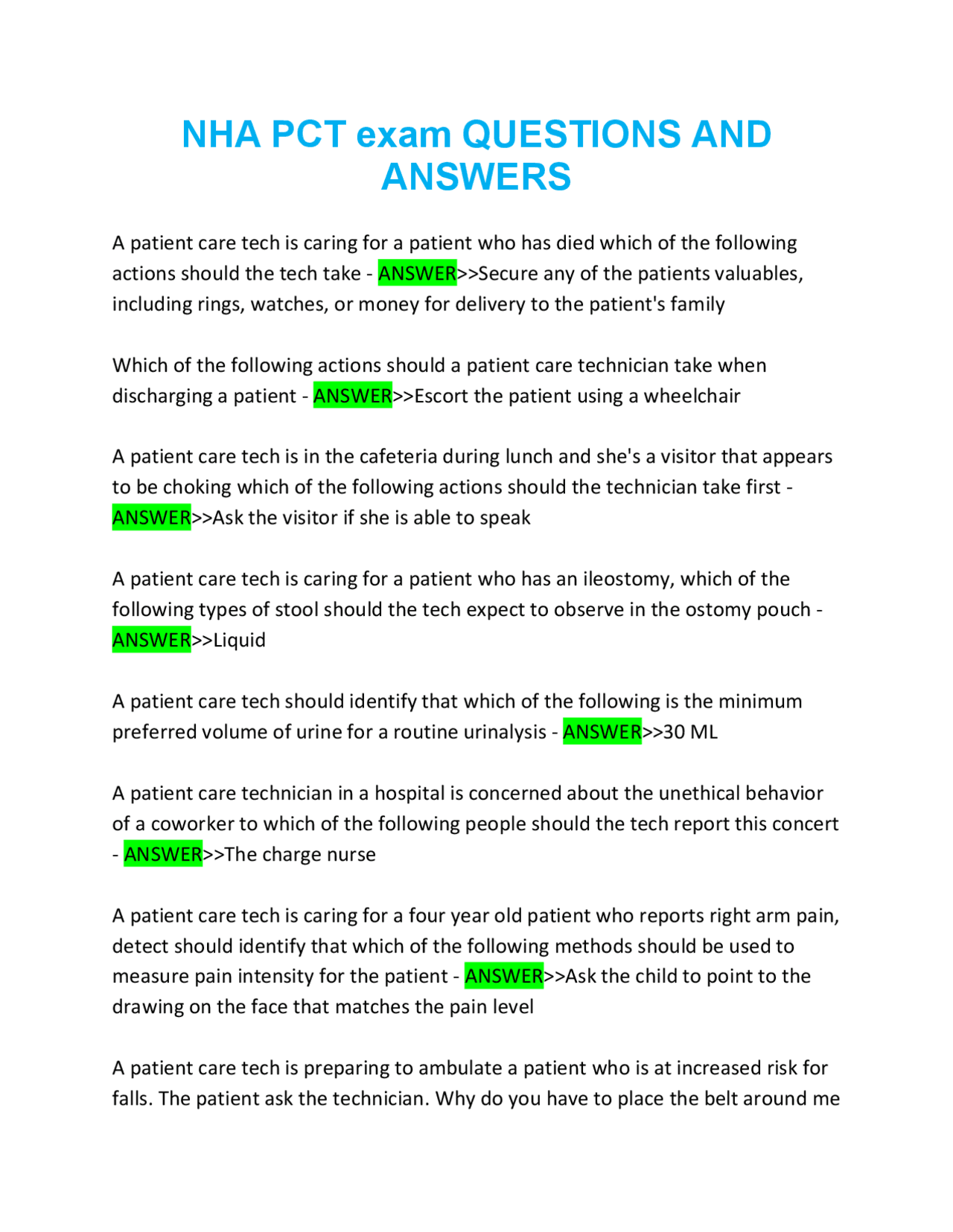 NHA PCT Exam Questions and Answers: A Comprehensive Guide for Patient ...