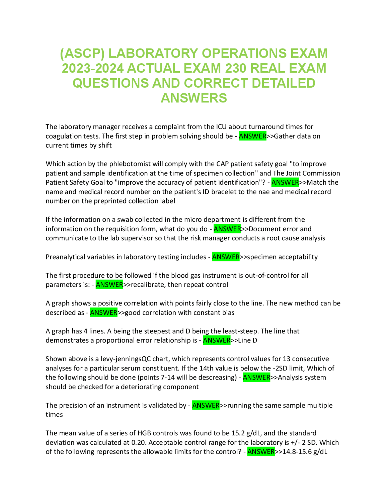 (ASCP) LABORATORY OPERATIONS EXAM 2023-2024 ACTUAL EXAM 230 REAL EXAM QUESTIONS AND CORR | Exams ...