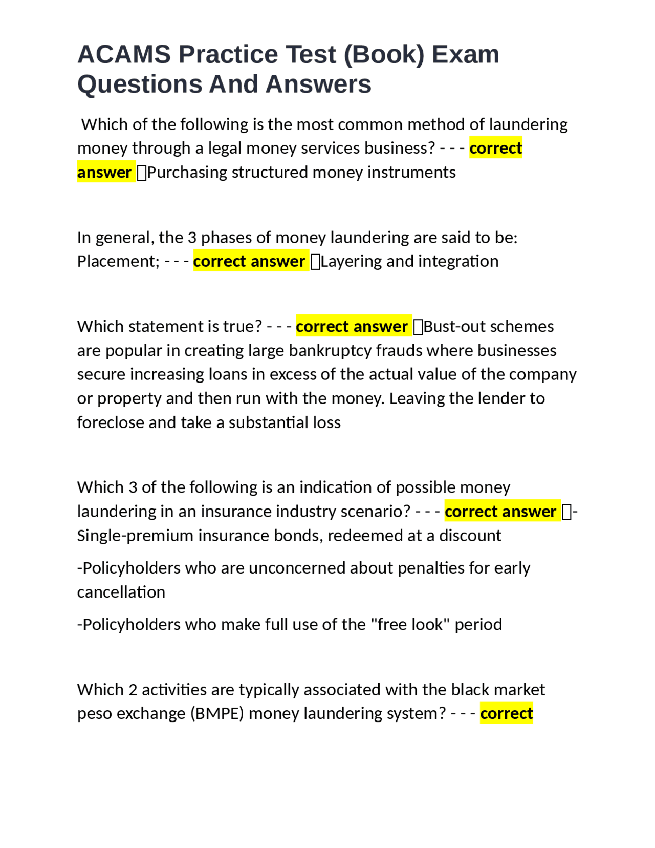 ACAMS Practice Test (Book) Exam Questions And Answers | Exams Business ...