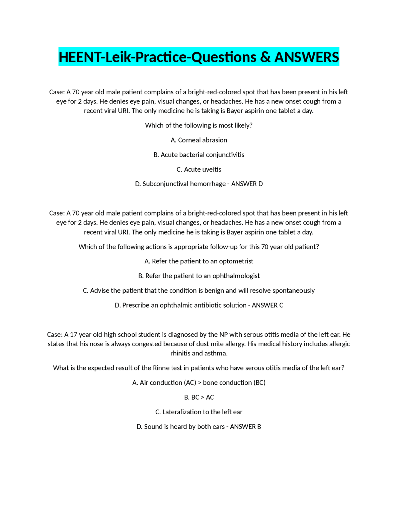 HEENT-Leik-Practice-Questions & ANSWERS | Exams Nursing | Docsity