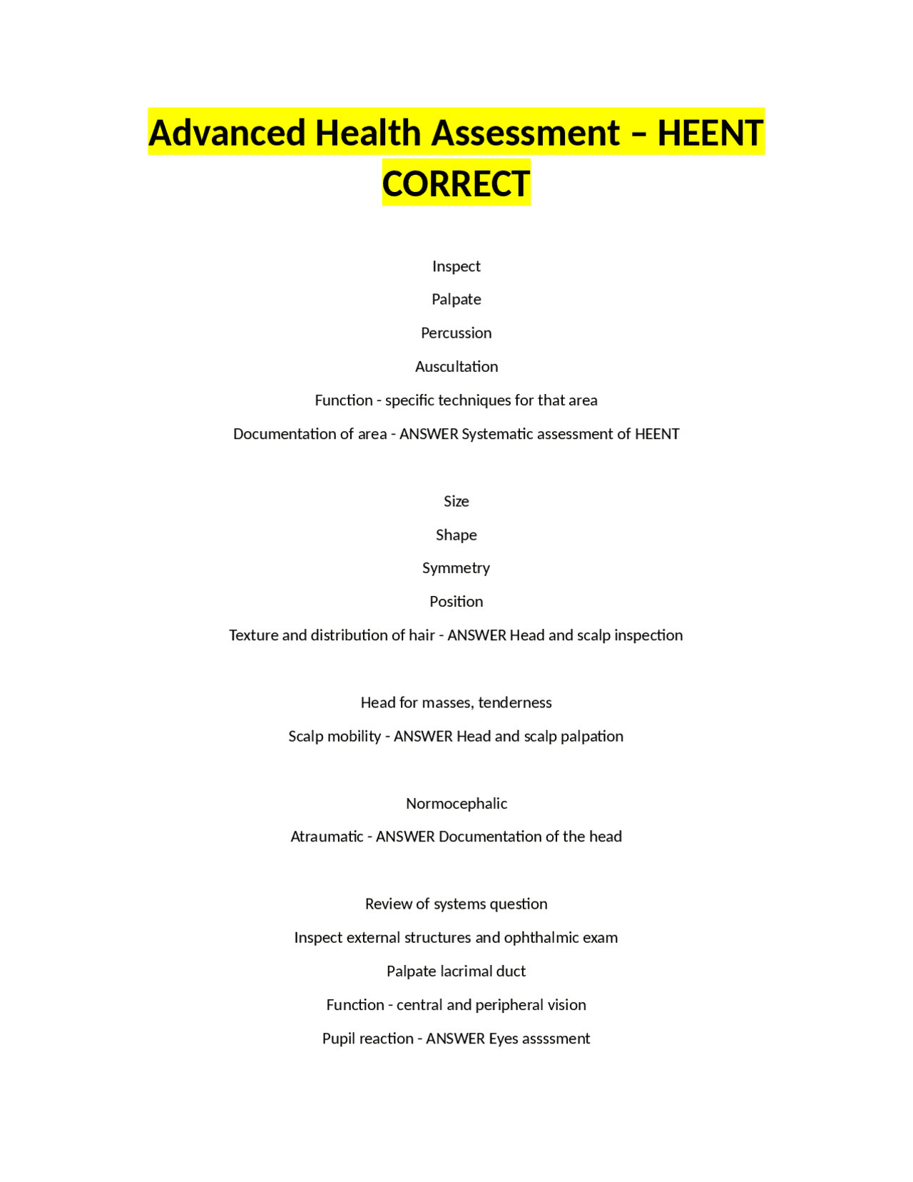 Advanced Health Assessment – HEENT CORRECT | Exams Nursing | Docsity