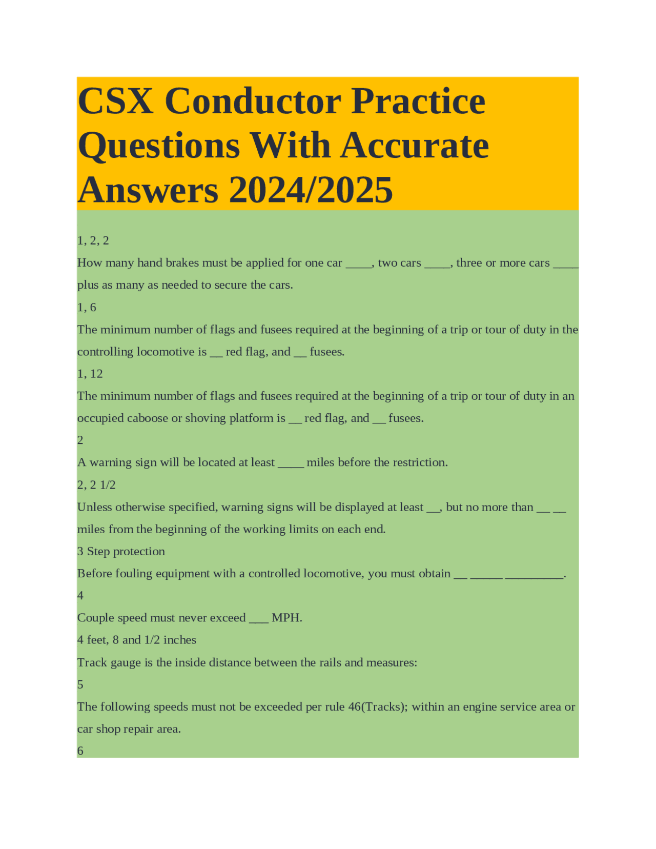 CSX Conductor Practice Questions With Accurate Answers 2024/2025 ...