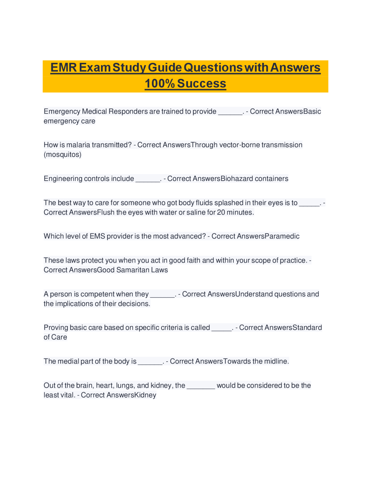 EMR Exam Study Guide Questions with Answers 100% Success | Exams ...