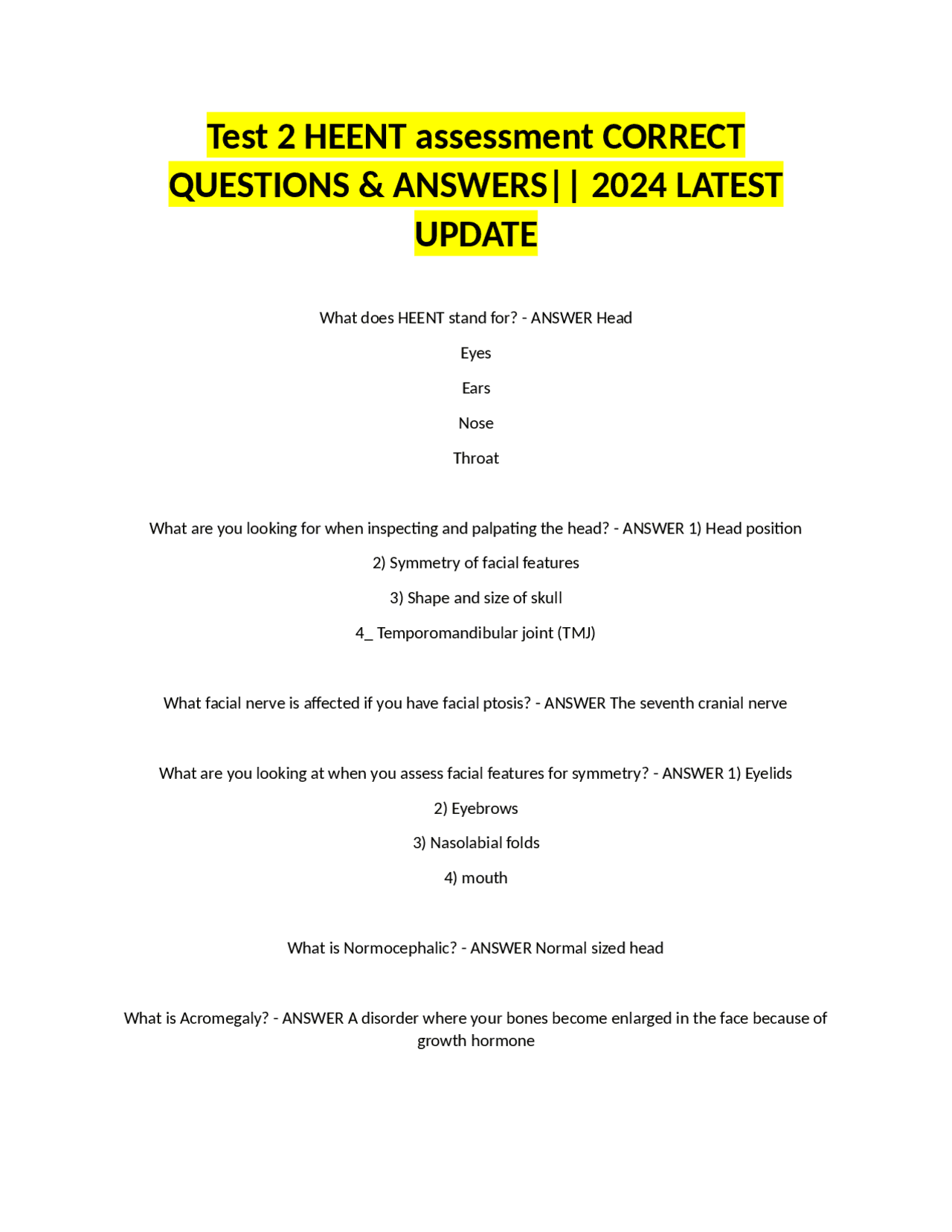 Test 2 HEENT assessment CORRECT QUESTIONS & ANSWERS|| 2024 LATEST ...
