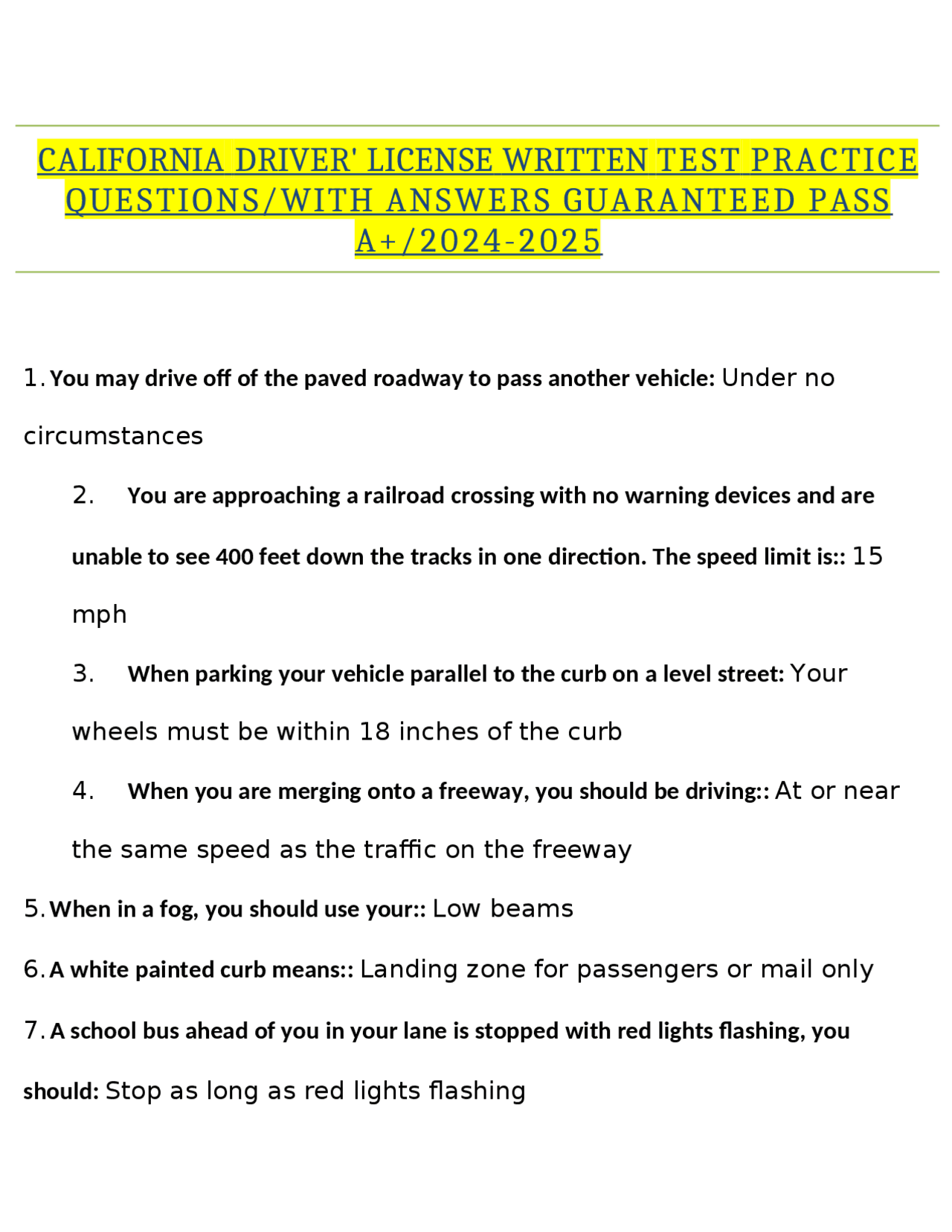 CALIFORNIA DRIVER' LICENSE WRITTEN TEST PRACTICE QUESTIONS/WITH ANSWERS ...