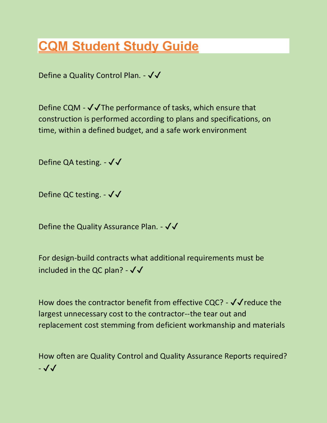 CQM Student Study Guide|questions and answers | Exams Software ...
