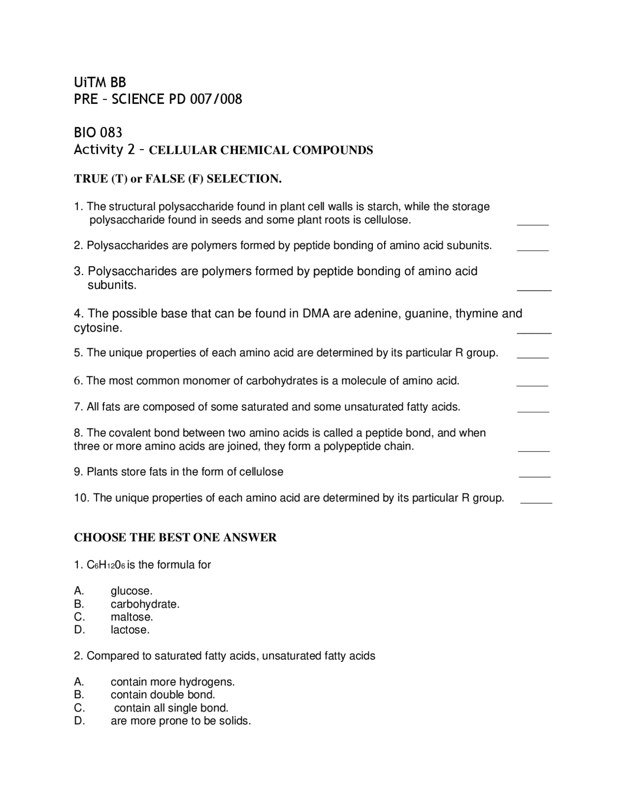 Cell Biology: Activity 2 - Cellular Chemical Compounds | Schemes and ...