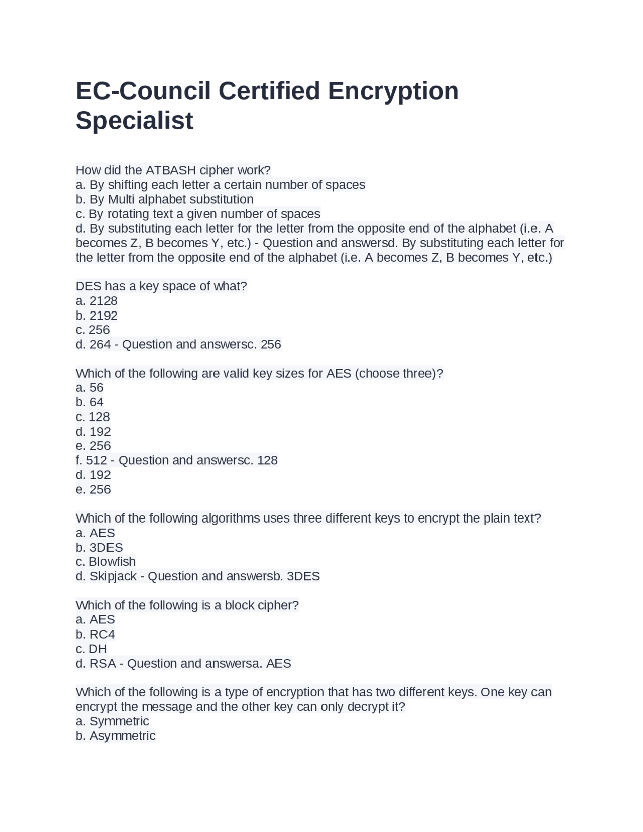 EC-Council Certified Encryption Specialist Exam Questions and Answers | Exams Nursing | Docsity