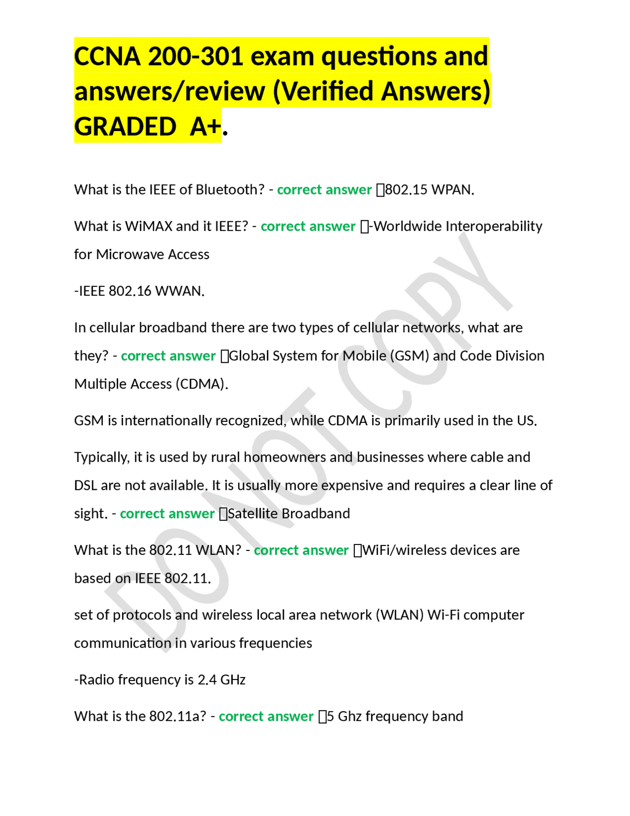 CCNA 200-301 exam questions and answers/review (Verified Answers) GRADED A+. | Exams Computer ...