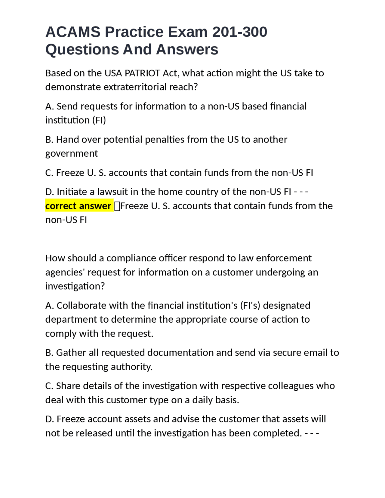 ACAMS Practice Exam 201-300 Questions And Answers | Exams Business ...