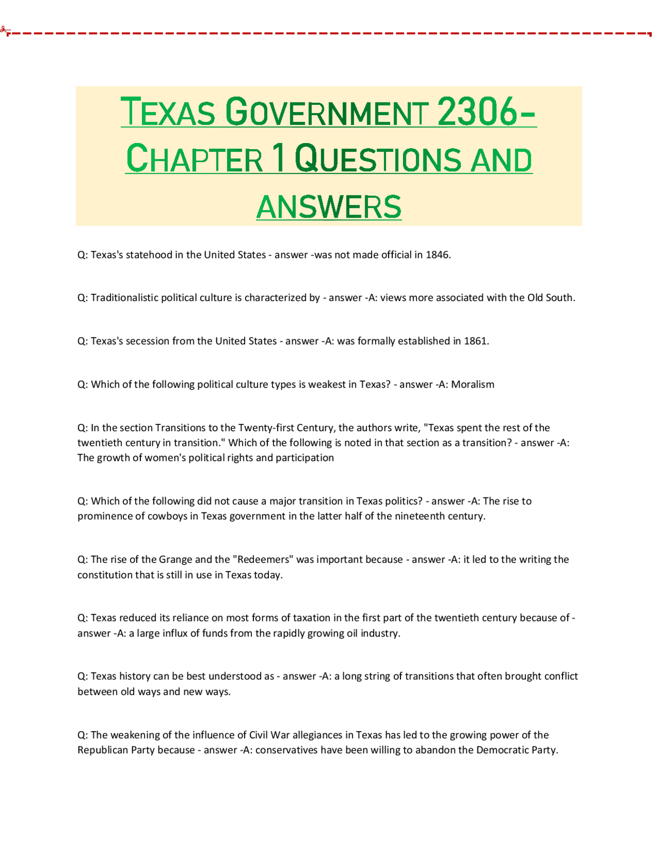 TEXAS GOVERNMENT 2306- CHAPTER 1 QUESTIONS AND ANSWERS | Exams Nursing ...