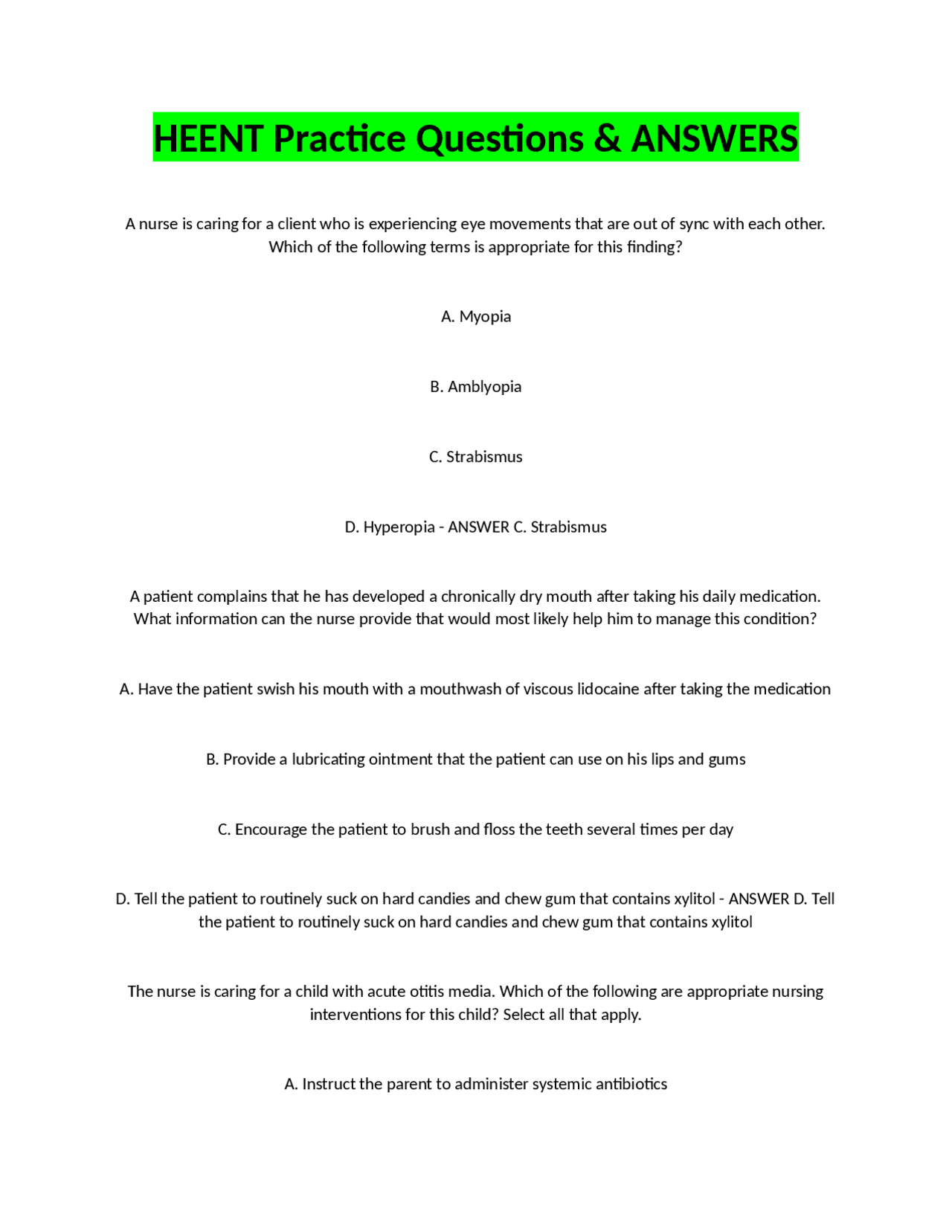 HEENT Practice Questions & ANSWERS | Exams Nursing | Docsity