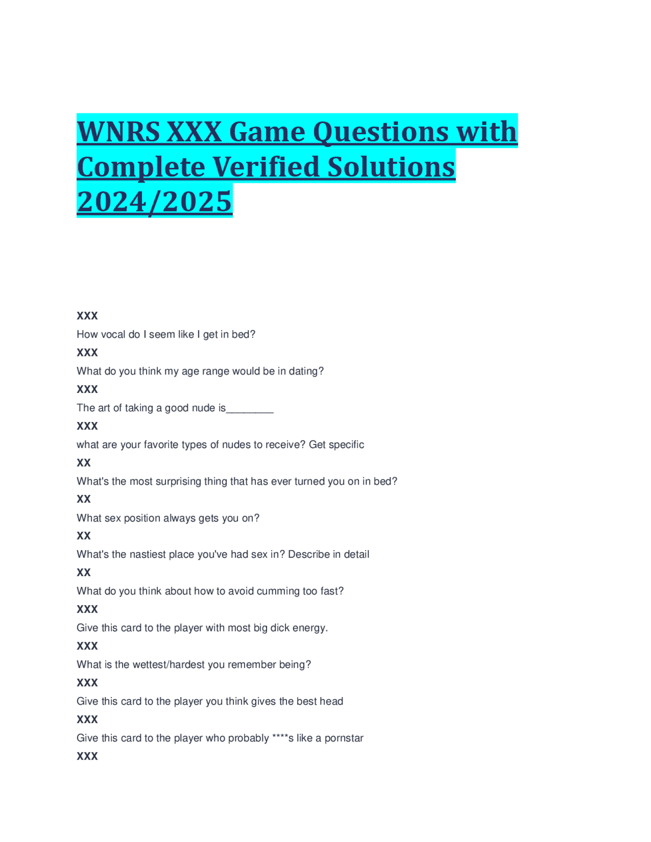 WNRS XXX Game Questions with Complete Verified Solutions 2024/2025 ...