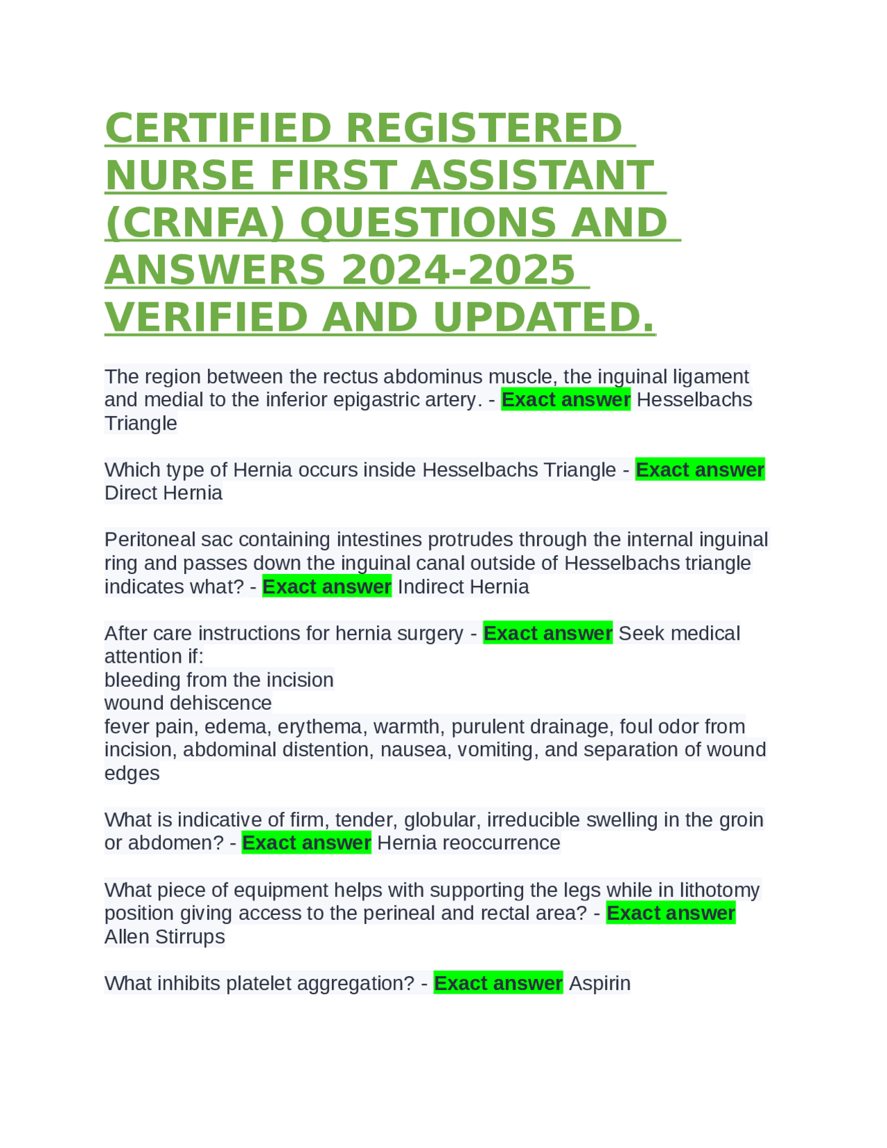 CERTIFIED REGISTERED NURSE FIRST ASSISTANT (CRNFA) QUESTIONS AND ...