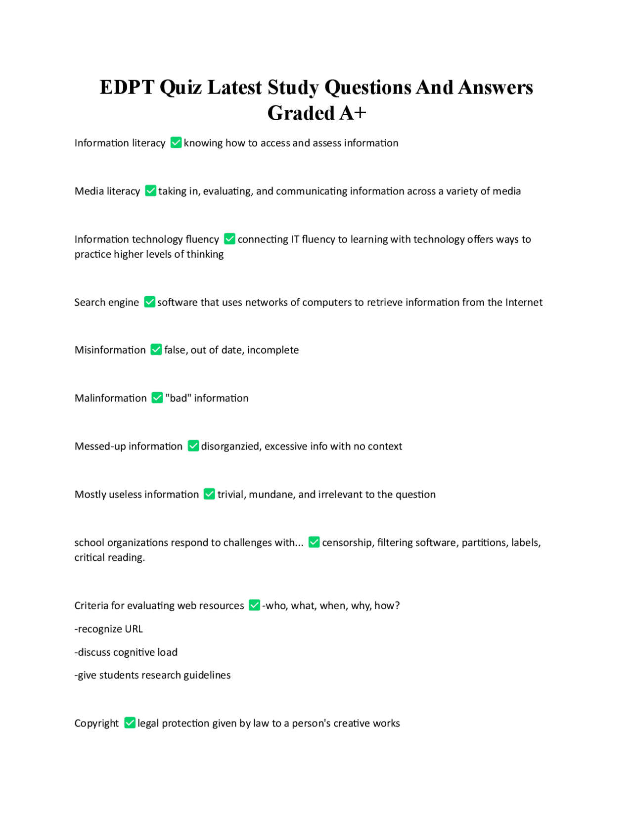 EDPT Quiz Latest Study Questions And Answers Graded A+ | Exams Advanced ...
