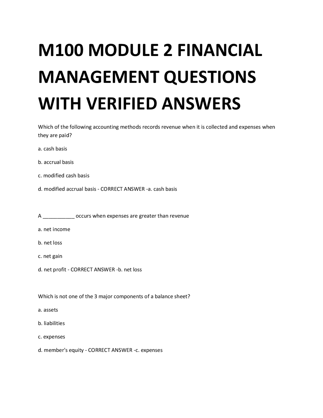 M100 MODULE 2 FINANCIAL MANAGEMENT QUESTIONS WITH VERIFIED ANSWERS ...