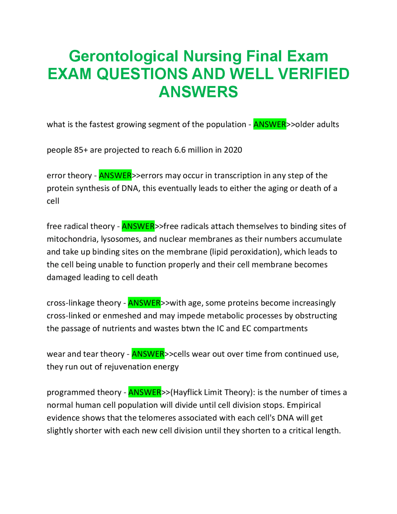 Gerontological Nursing Final Exam: Questions and Answers | Exams ...