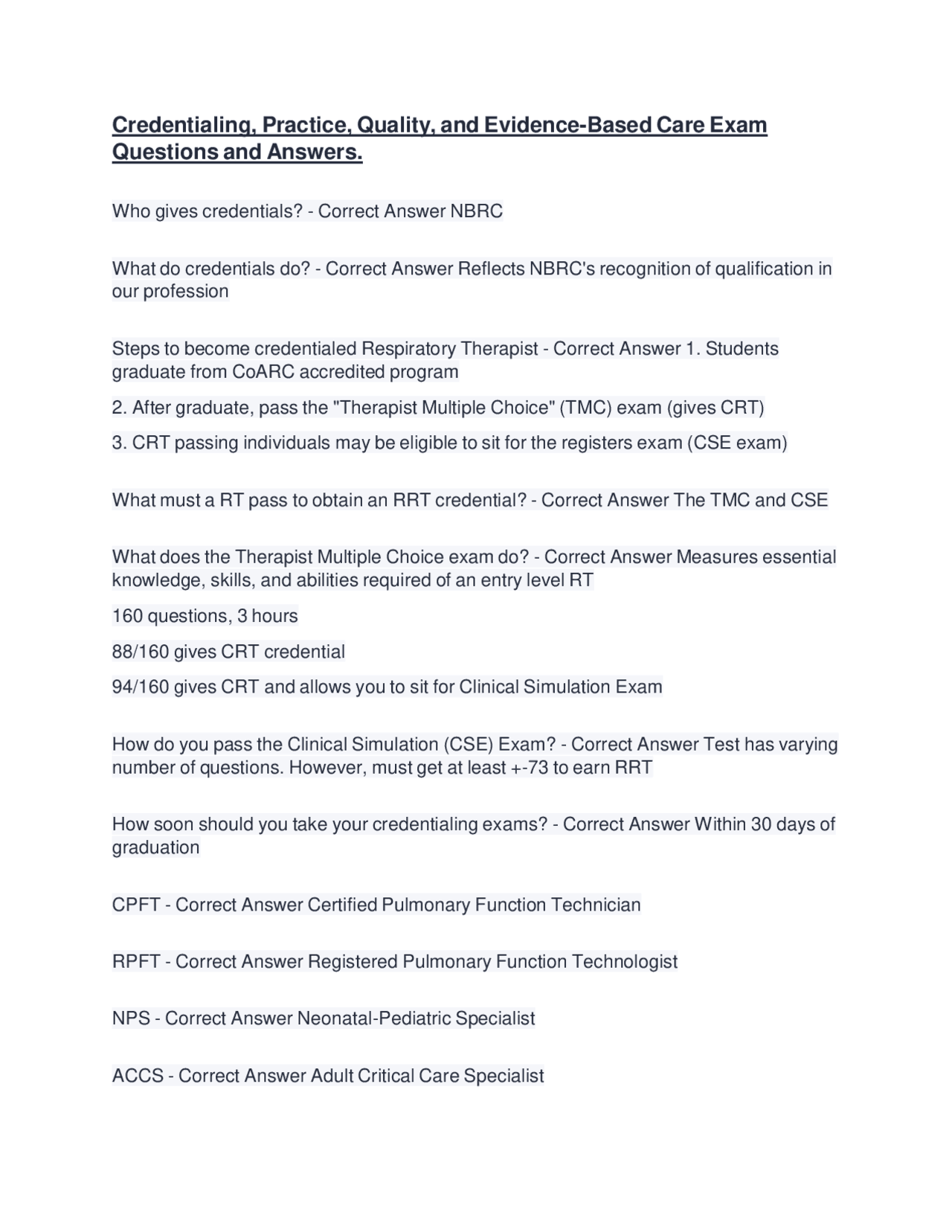 Credentialing, Practice, Quality, and Evidence-Based Care Exam ...