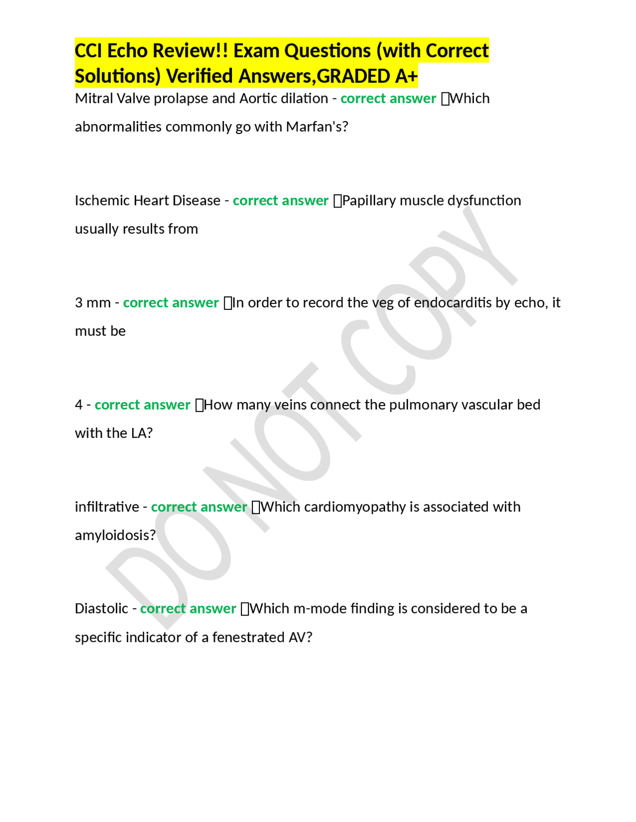CCI Echo Review!! Exam Questions (with Correct Solutions) Verified ...
